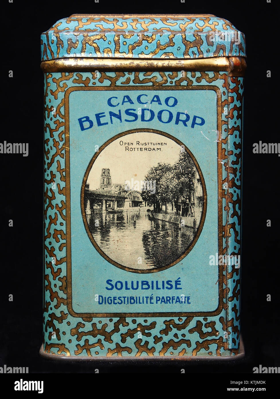 A Bensdorp cocoa tin featuring illustrations of Rotterdam, showcasing ...