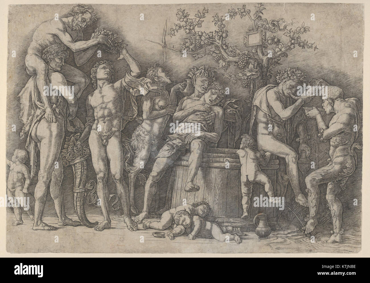 This artwork depicts a bacchanal scene, a celebration of wine and ...