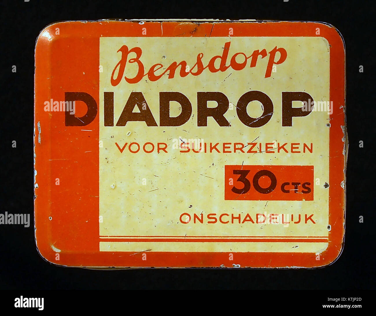 This image shows a Bensdorp Diadrop can, a historical packaging design ...