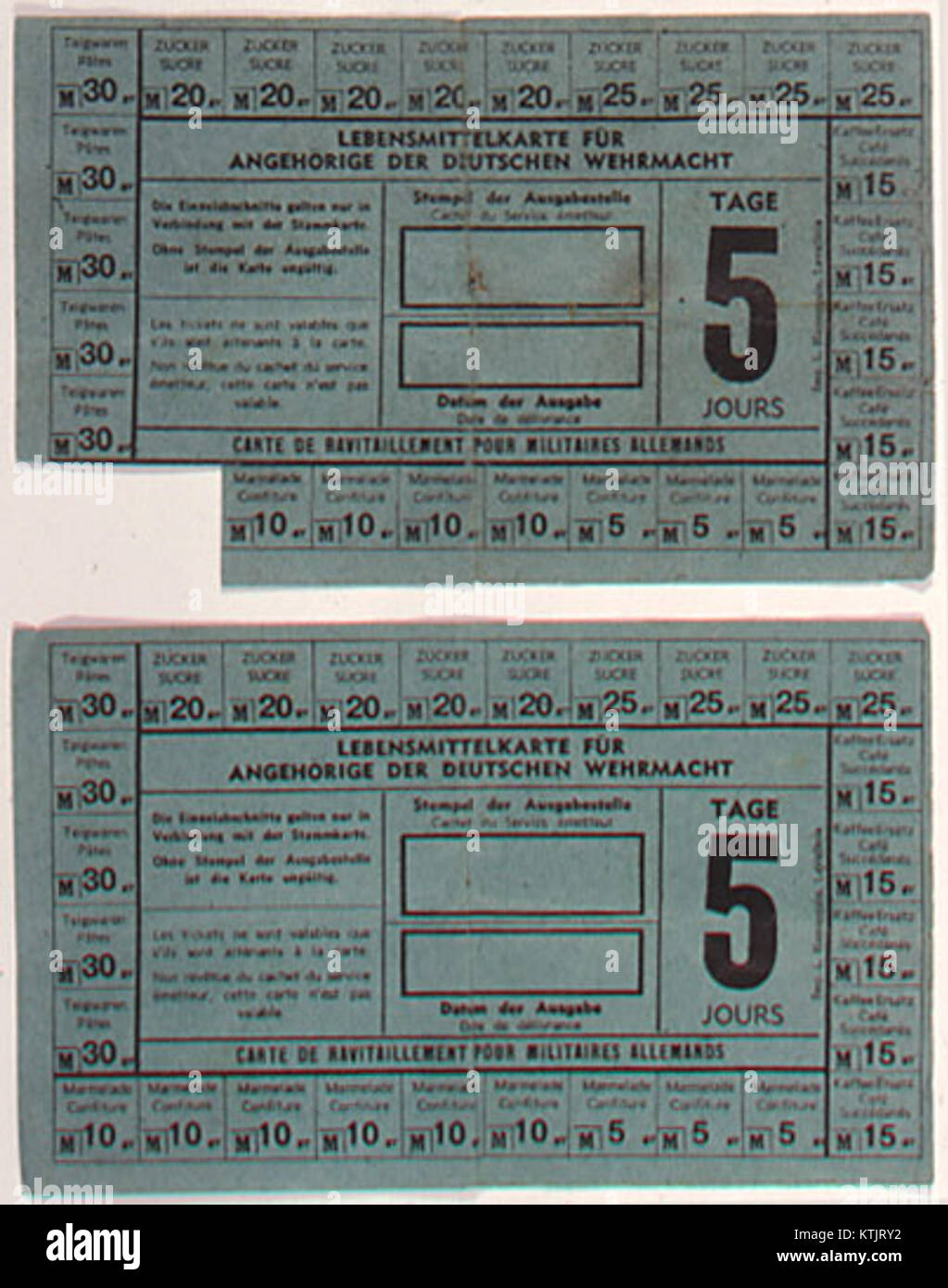 A German military ration card, marked with the number 94 5832S, issued ...