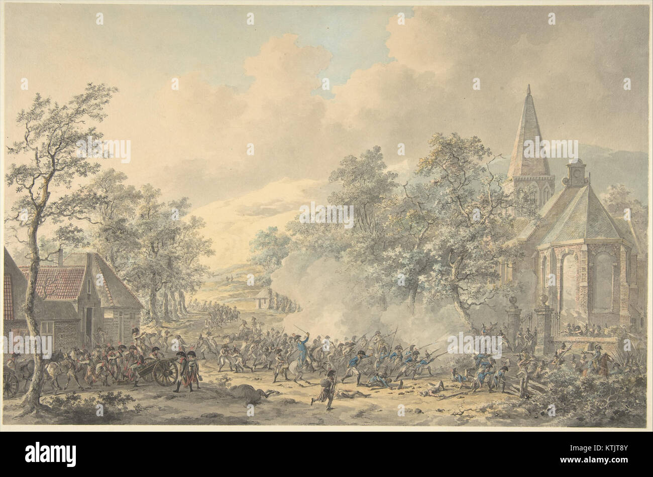 A battle scene depicting soldiers in action, with a church positioned ...