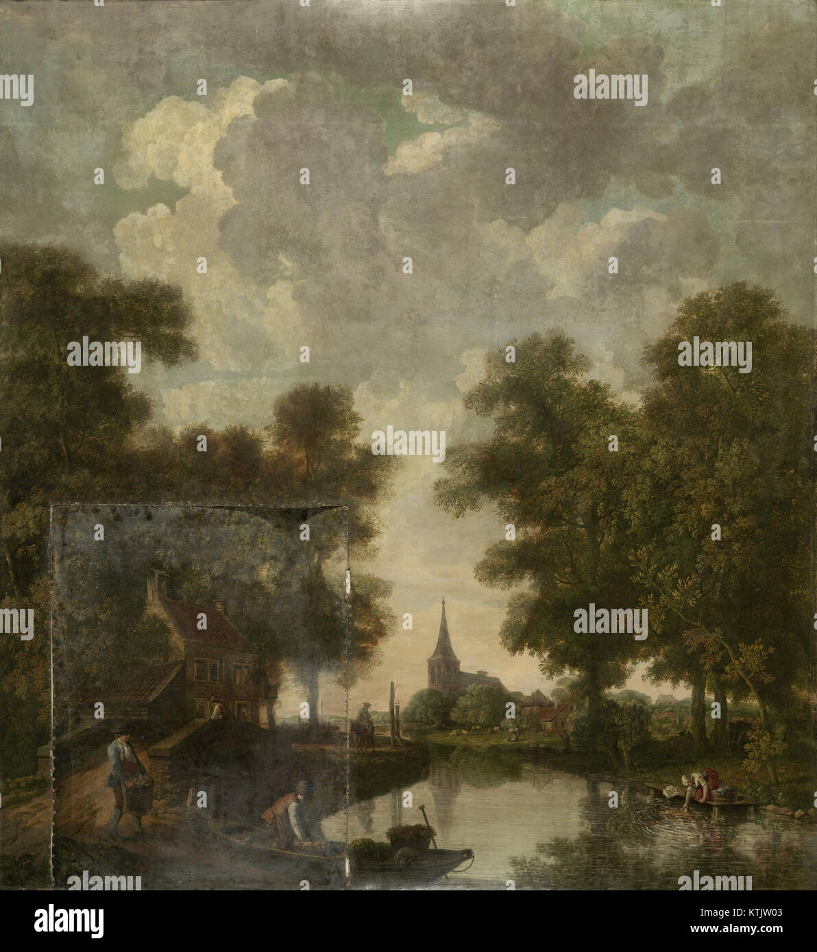 This painting depicts a traditional Dutch landscape with a river ...