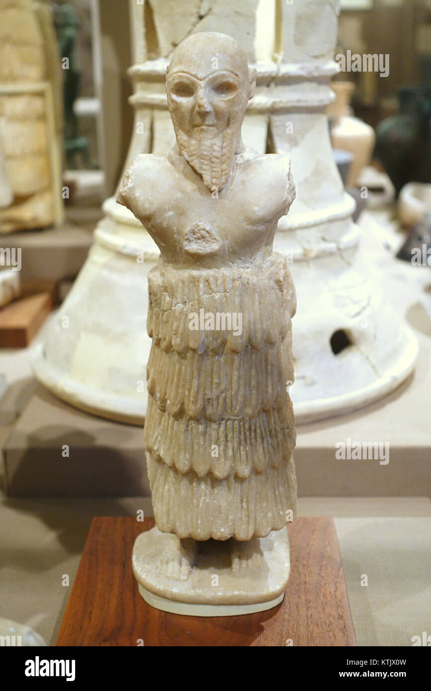This artifact depicts a bald, bearded male worshipper from Khafajah, an ...