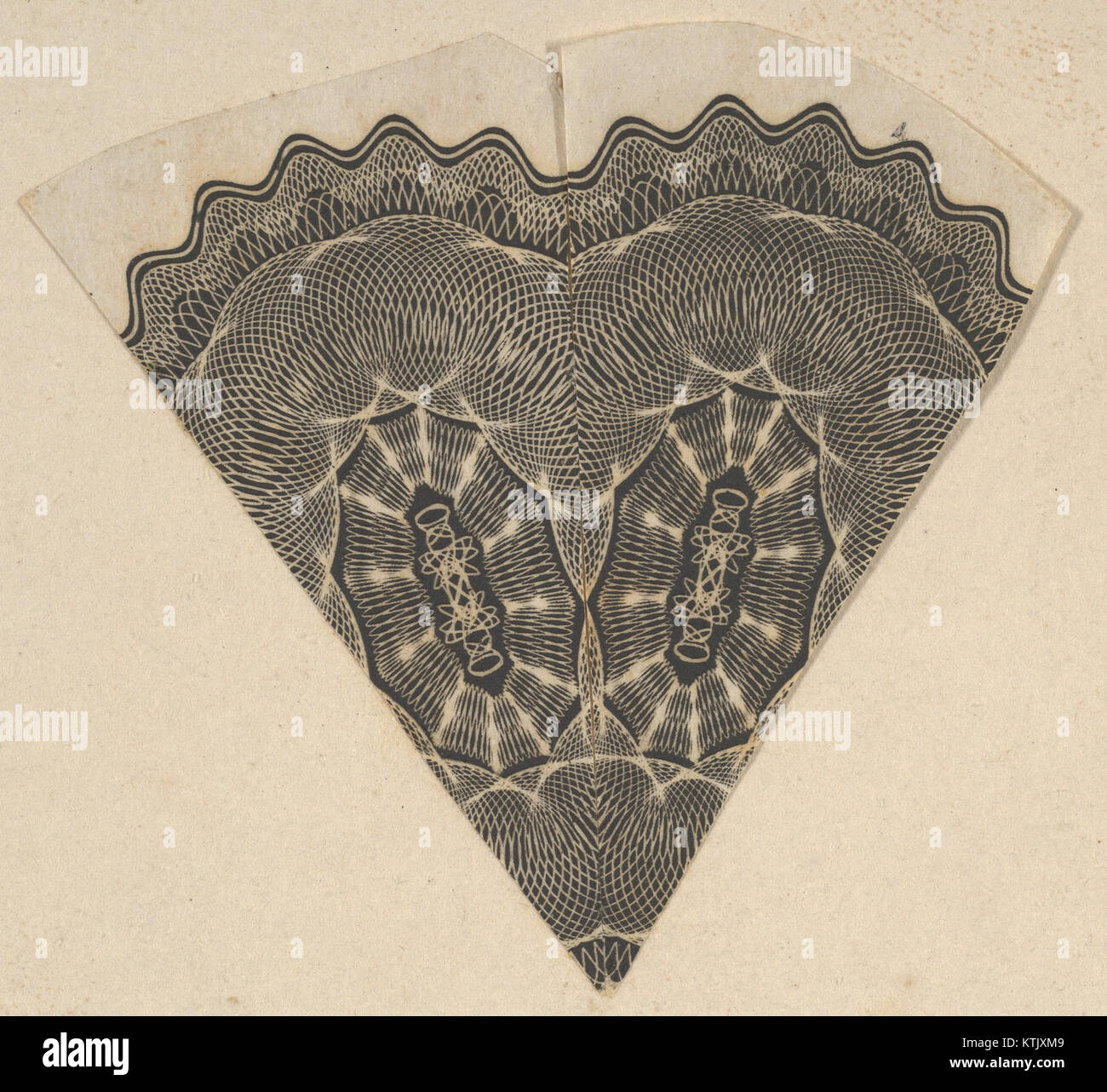 The image depicts the detailed lathe work design of a banknote motif ...