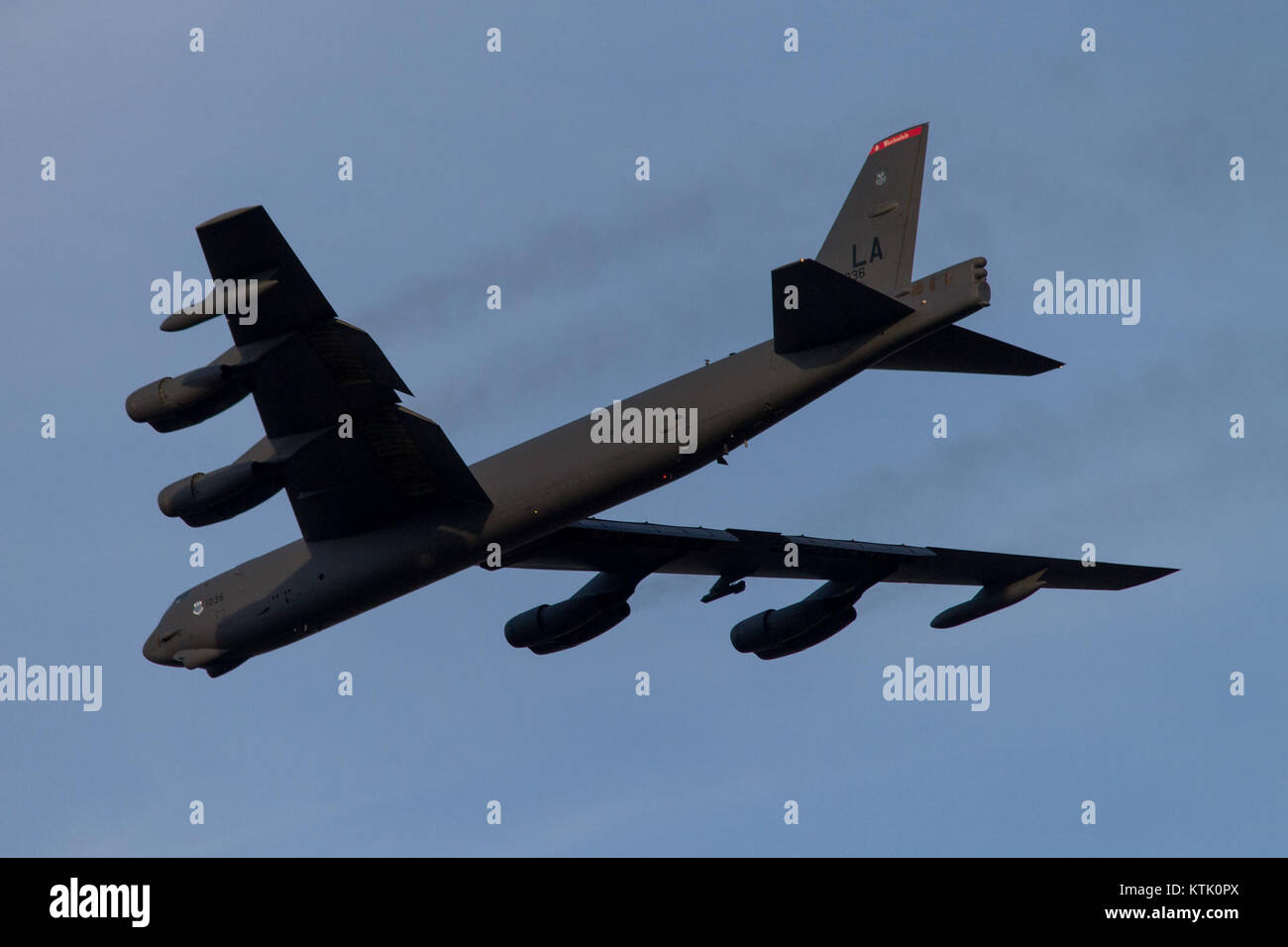 The B-52 bomber is shown taking off from Tinker Air Force Base in this ...