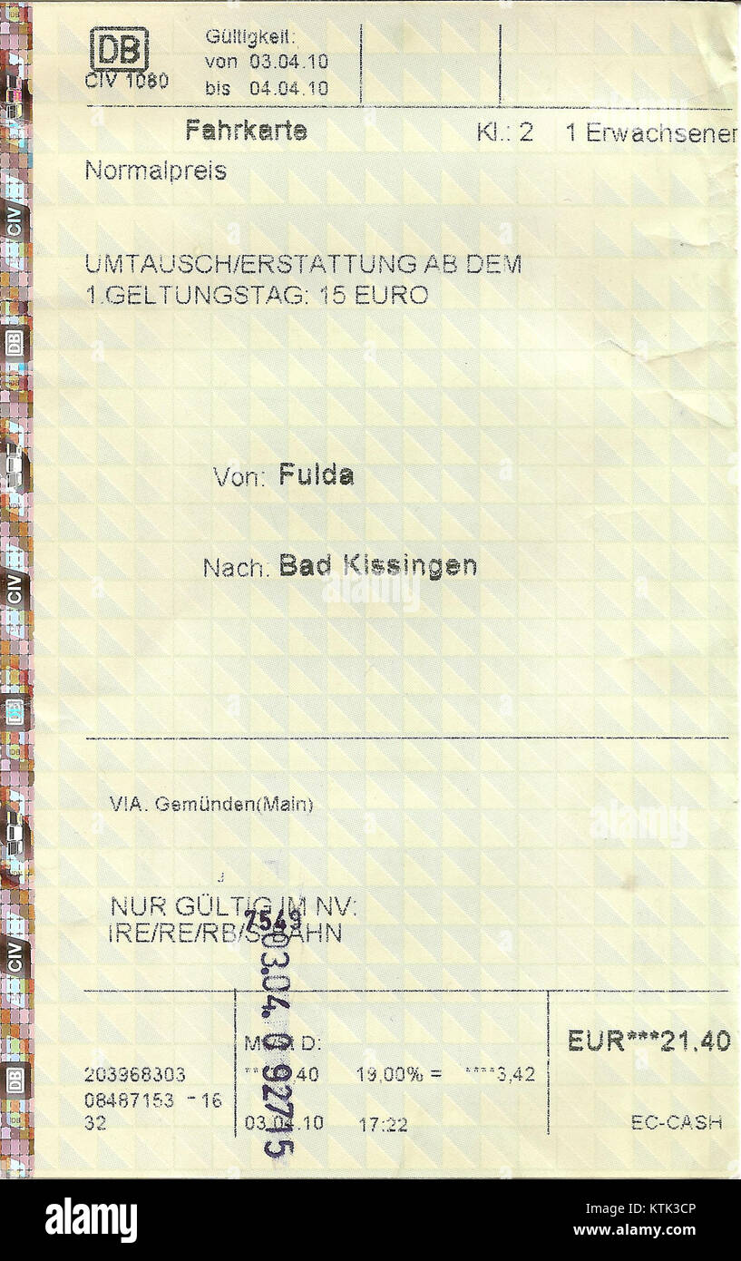 A single-ride ticket for Deutsche Bahn, the German railway company ...