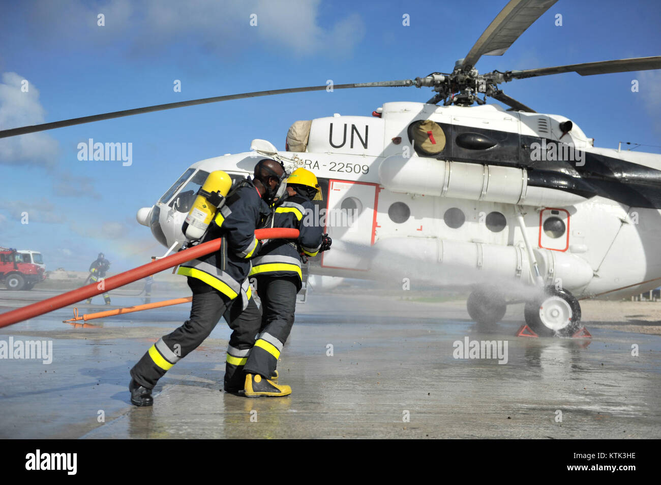 This image shows an aviation fire fighting drill conducted at Mogadishu ...