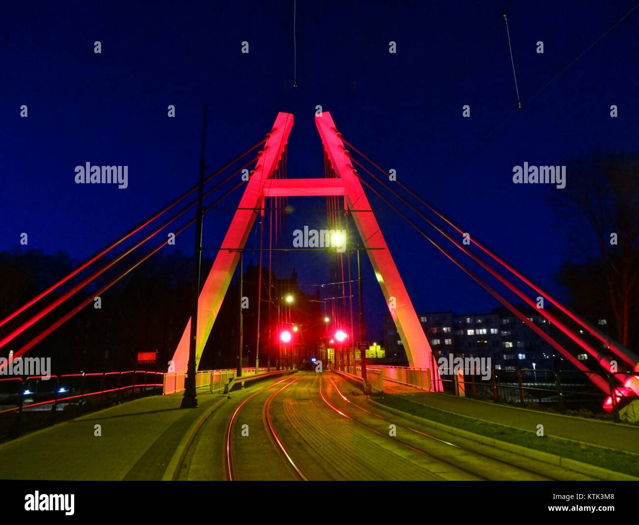 This image captures the Jagielly Bridge in Bydgoszcz, Poland ...
