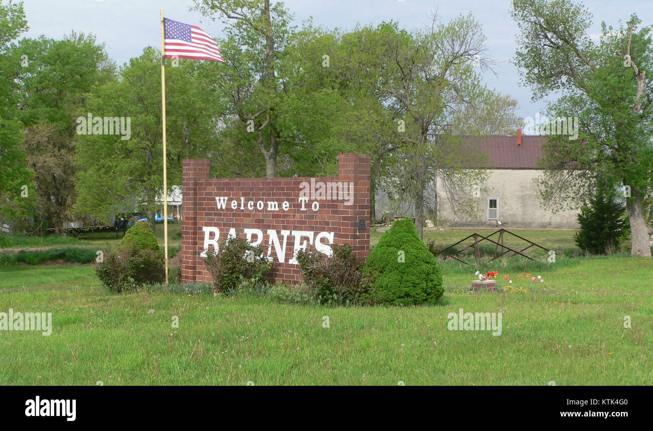 The welcome sign of Barnes, Kansas, is depicted with the town's ...