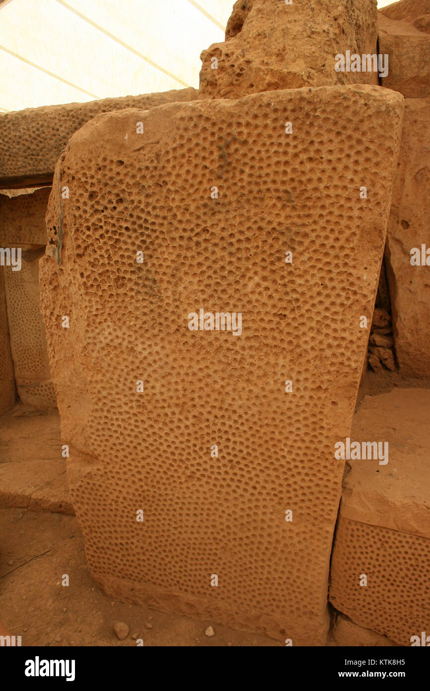 This image shows processed limestone at the Mnajdra site, a prehistoric ...