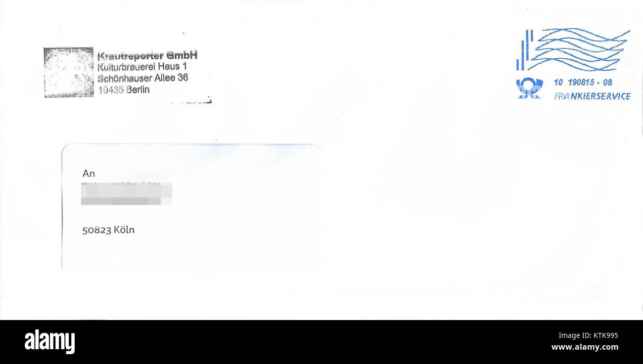 A stamped envelope with postage paid through Deutsche Post ...