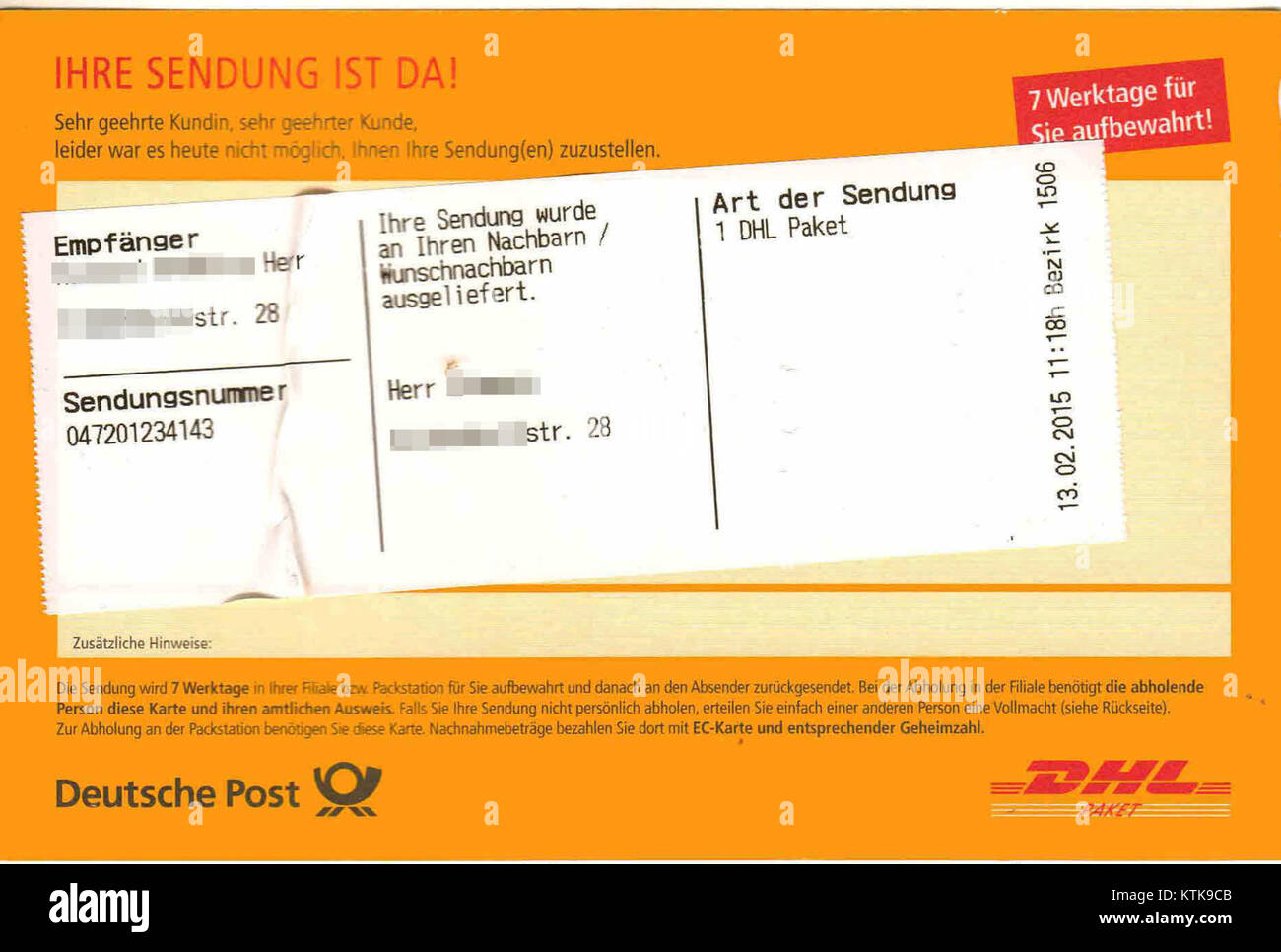 The DHL Paketbenachrichtigungskarte 2015 is a package notification card ...