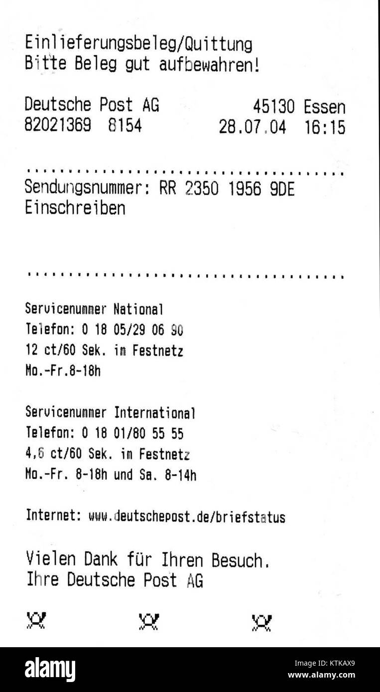 Document titled 'Deutsche Post Einlieferungsbeleg Einschreiben 2004 ...