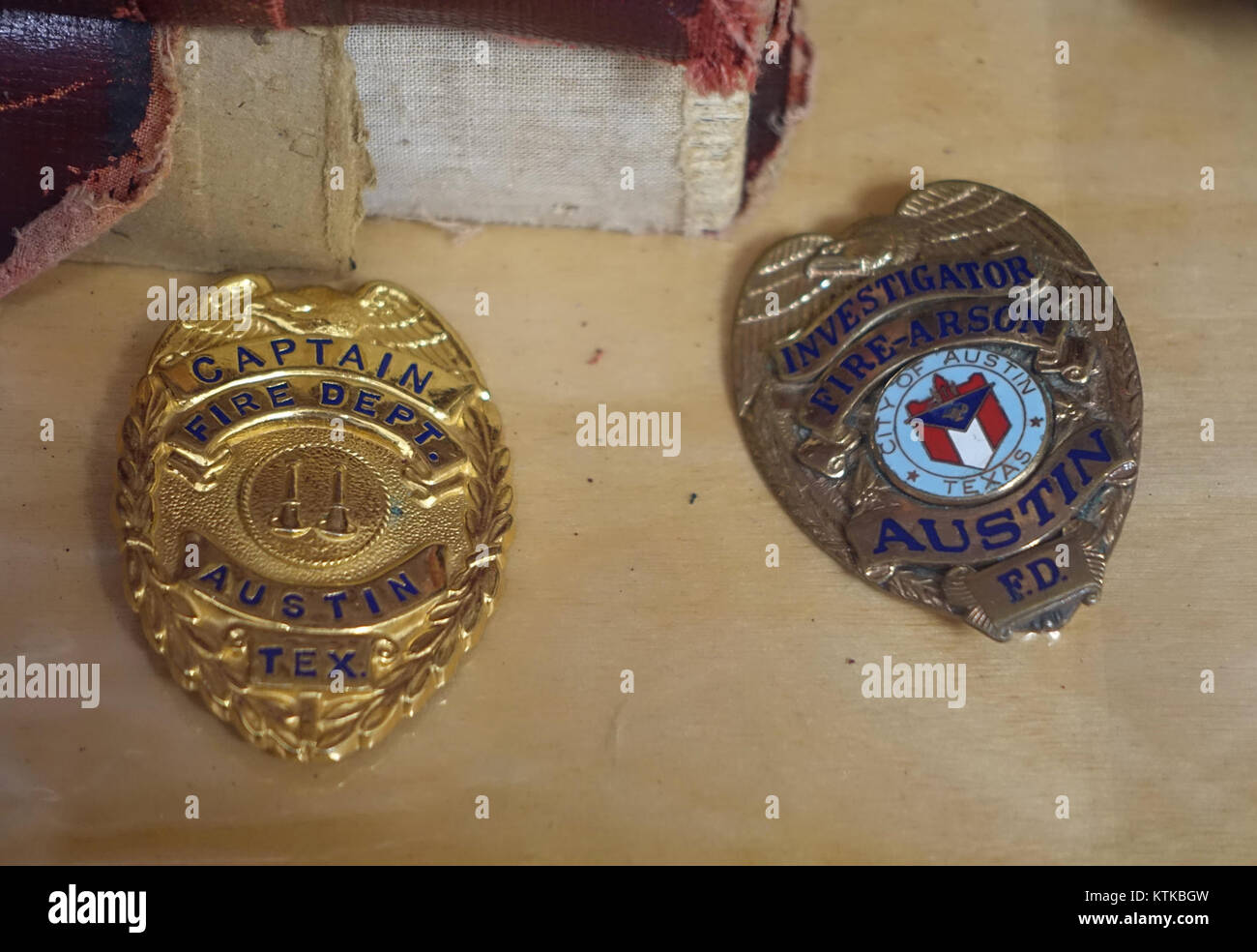 The badges from the Austin Fire Museum in Austin, Texas, represent the ...