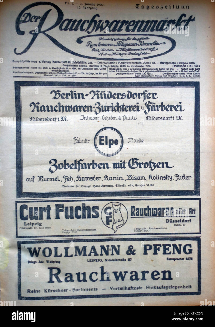 The January 1922 issue of *Der Rauchwarenmarkt*, a German fur trade ...