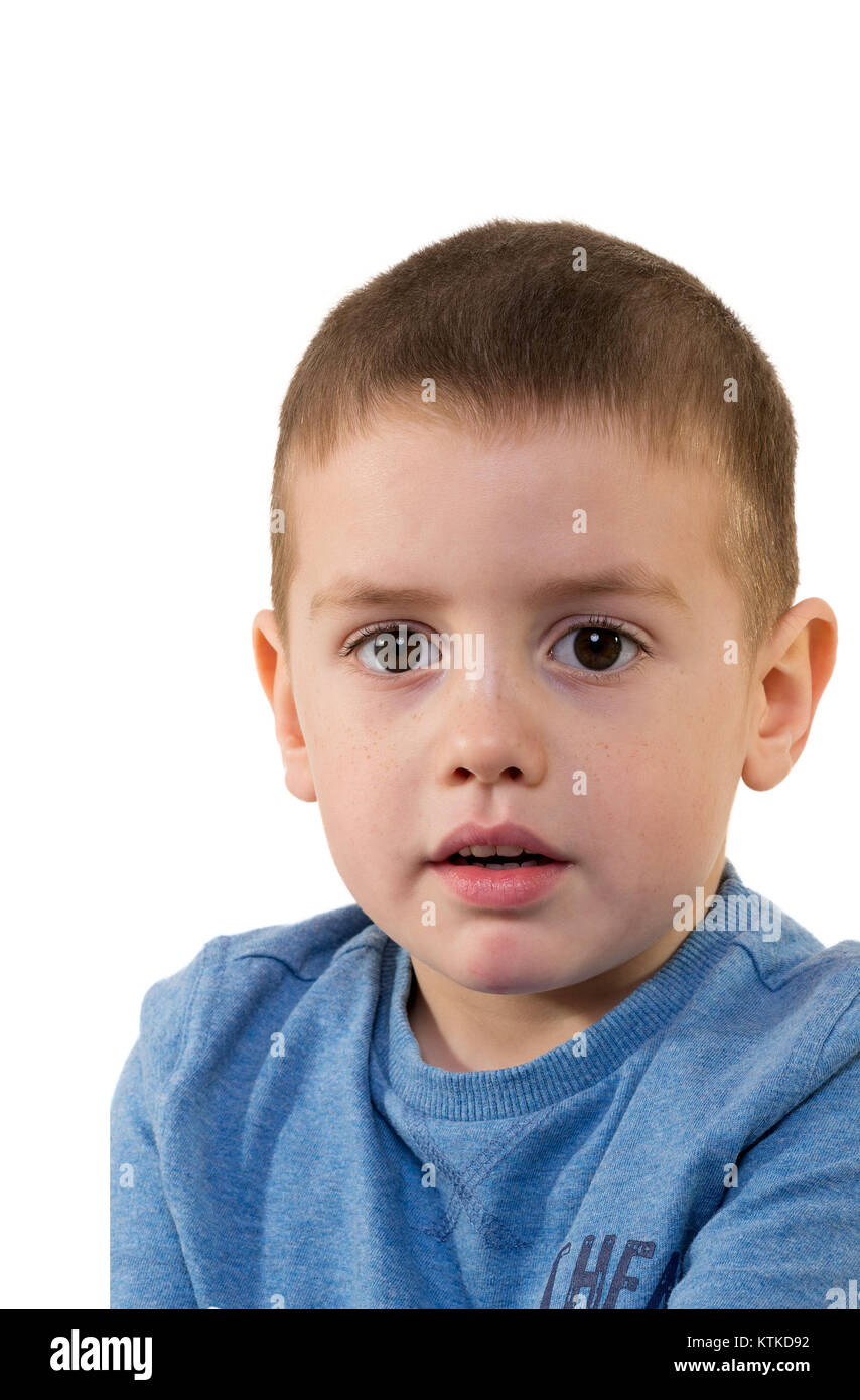 Studio portrait of a 4 years old handsome little boy over white ...