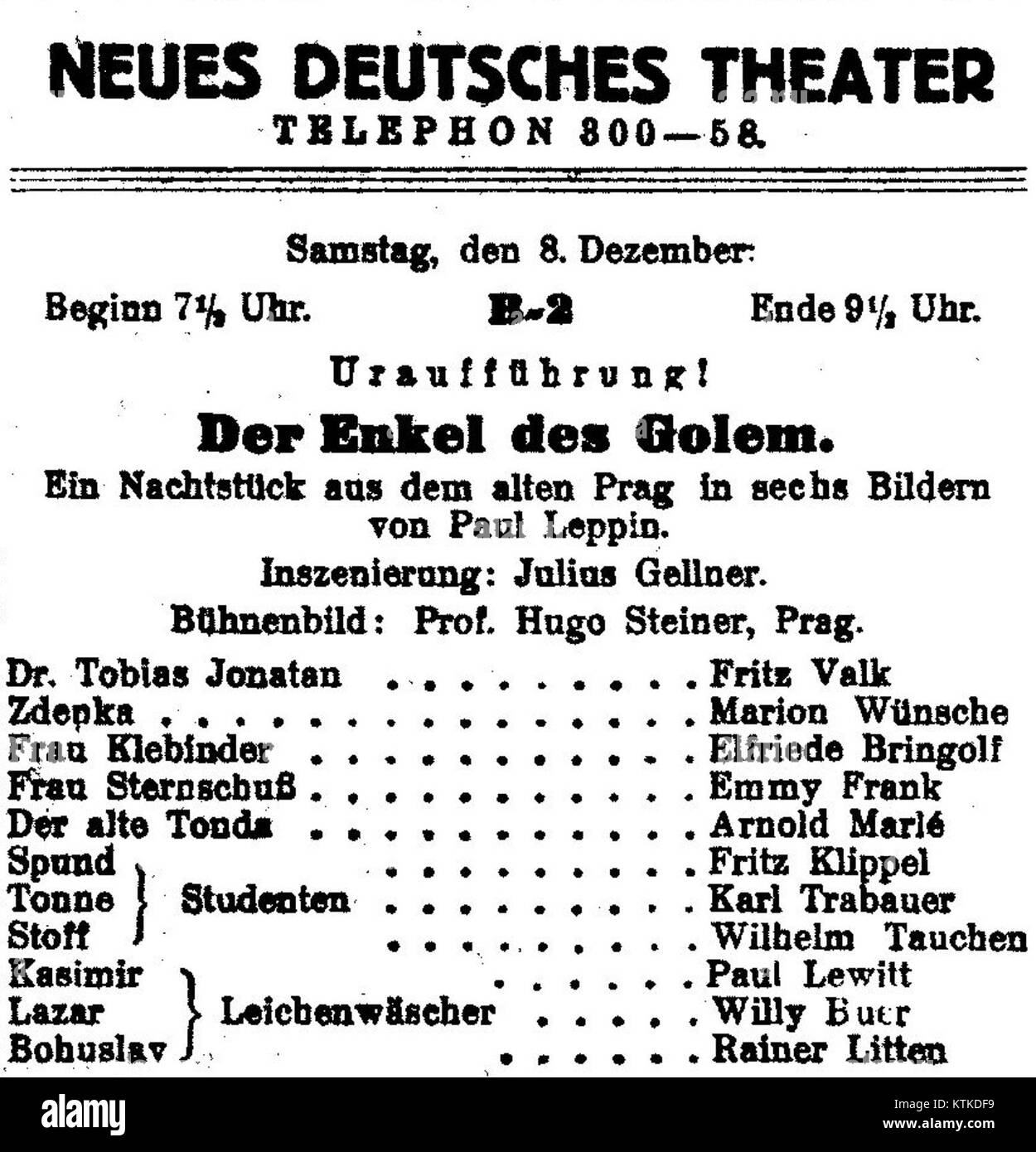 Der Enkel des Golem (UA) Prager Tagblatt 1934 12 08 Stock Photo - Alamy