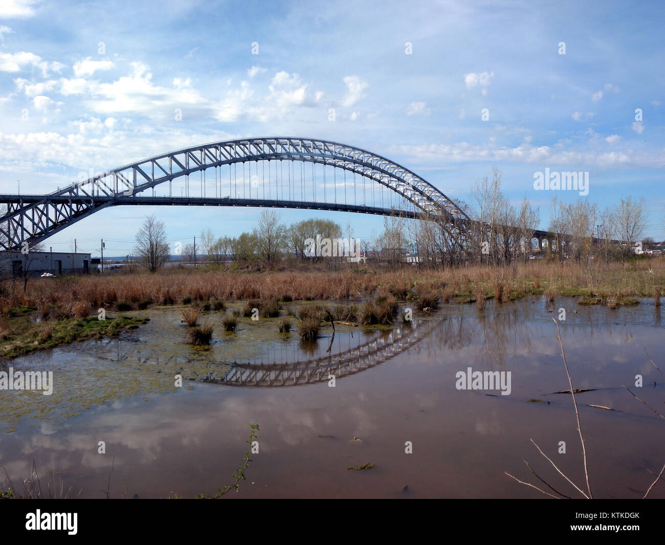 A photograph showing the Bayonne Bridge, which spans the Kill Van Kull ...