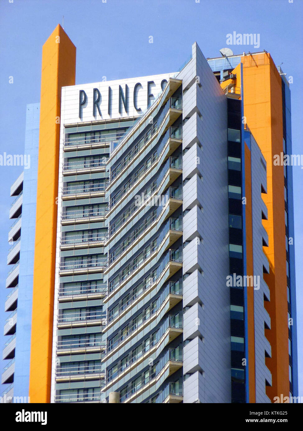 Photograph of the Barcelona Princess Hotel, a modern skyscraper located ...