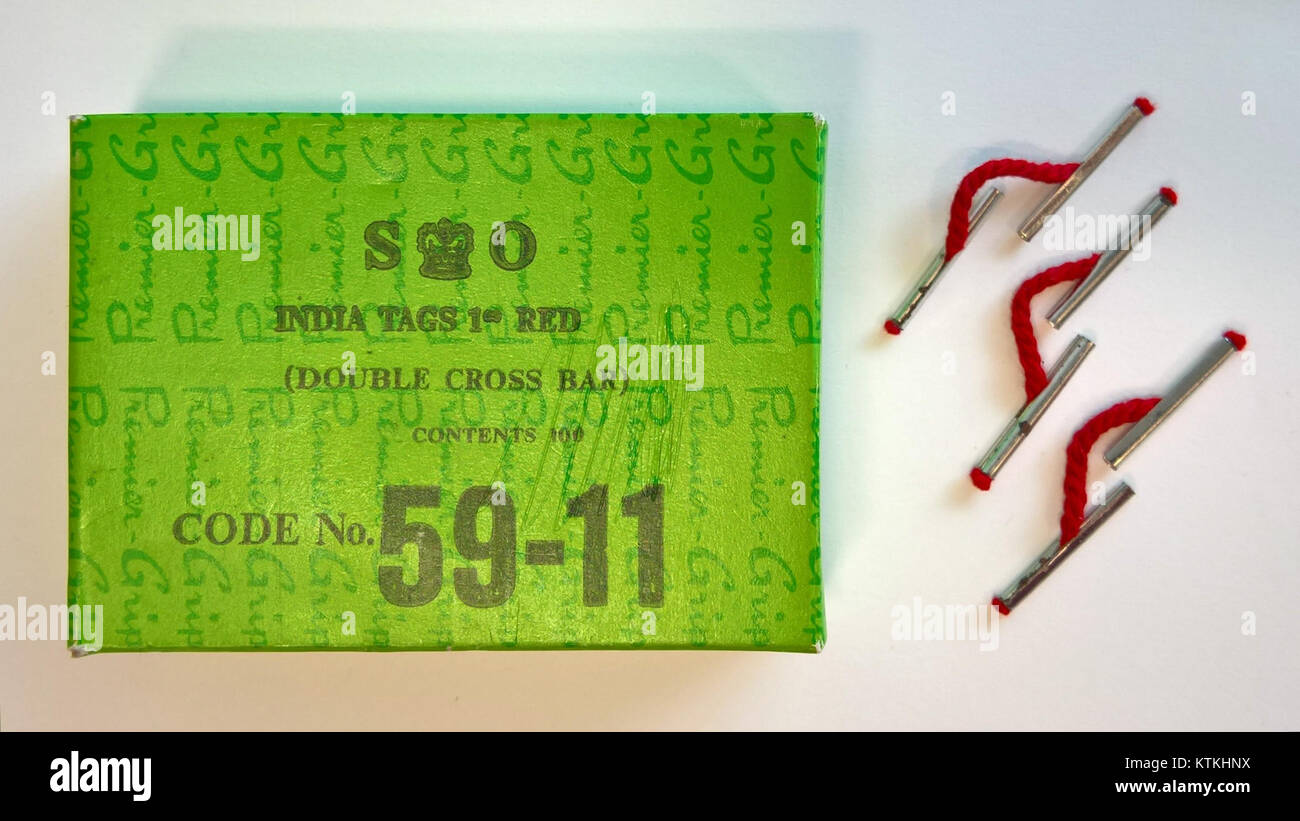 A box containing tags from the Her Majesty's Stationery Office (HMSO ...