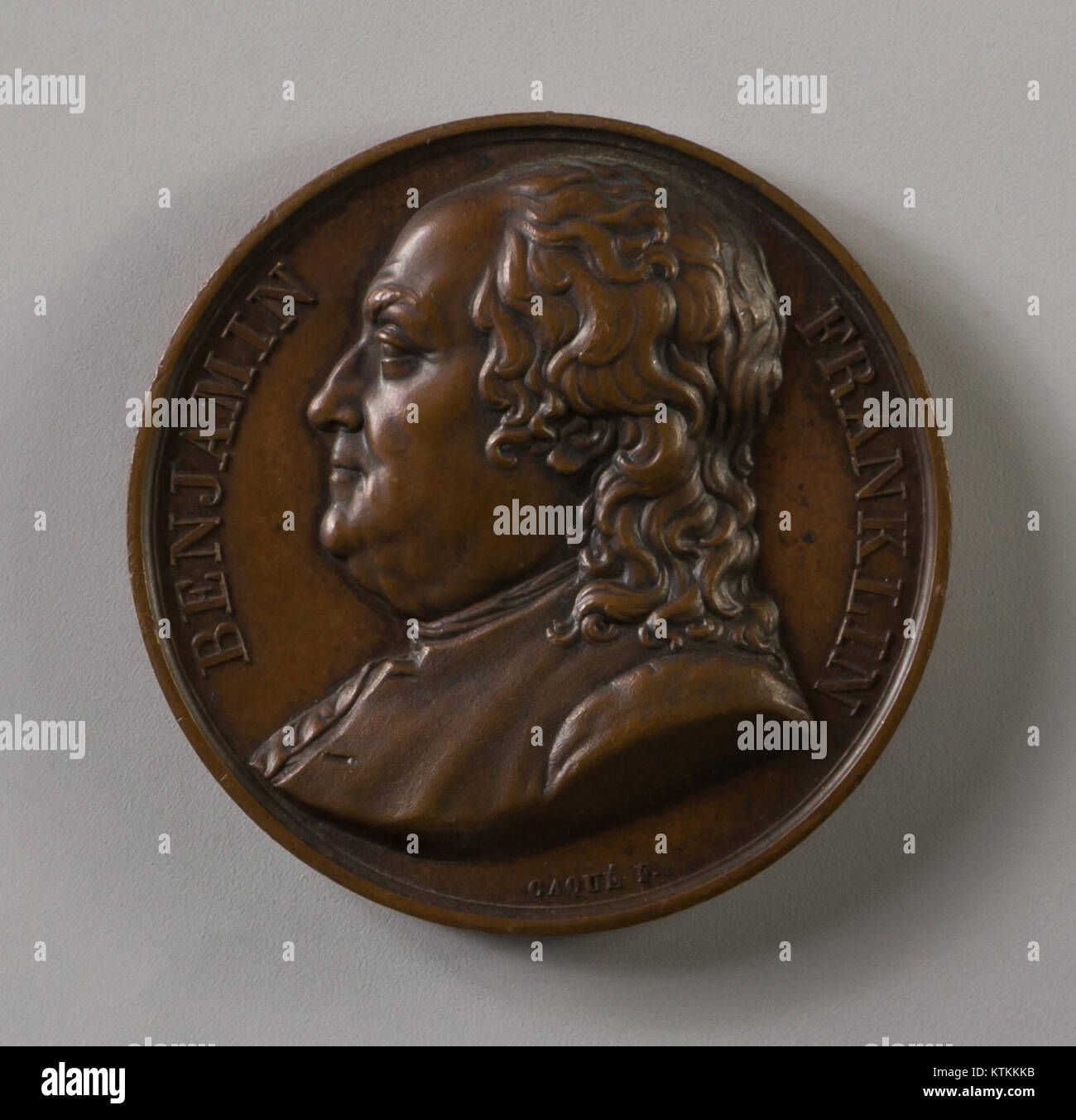 This image depicts an artwork or representation of Benjamin Franklin ...