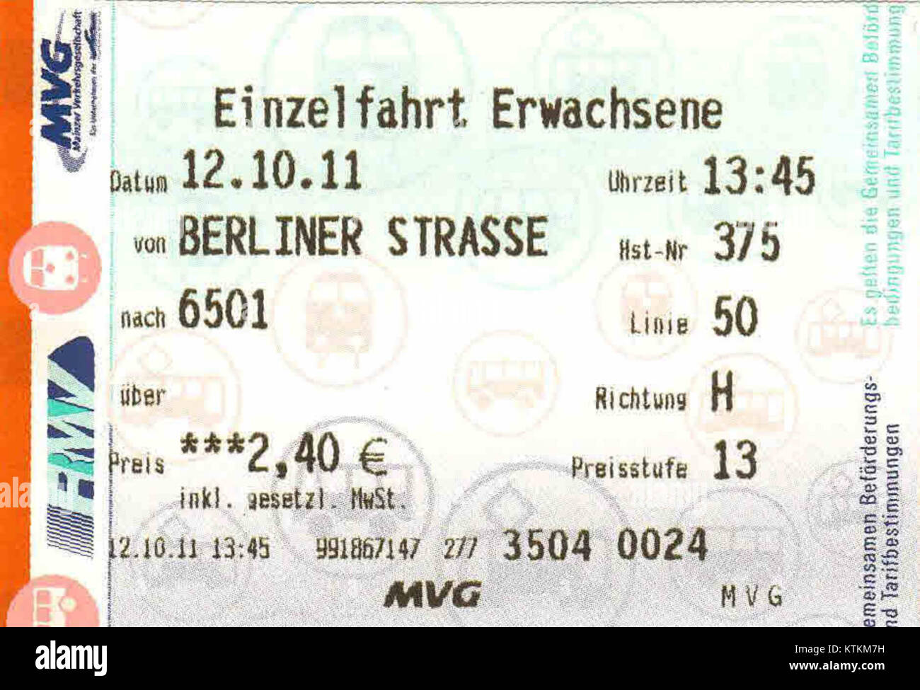 This ticket represents an adult single ride fare for the RMV (Rhein ...