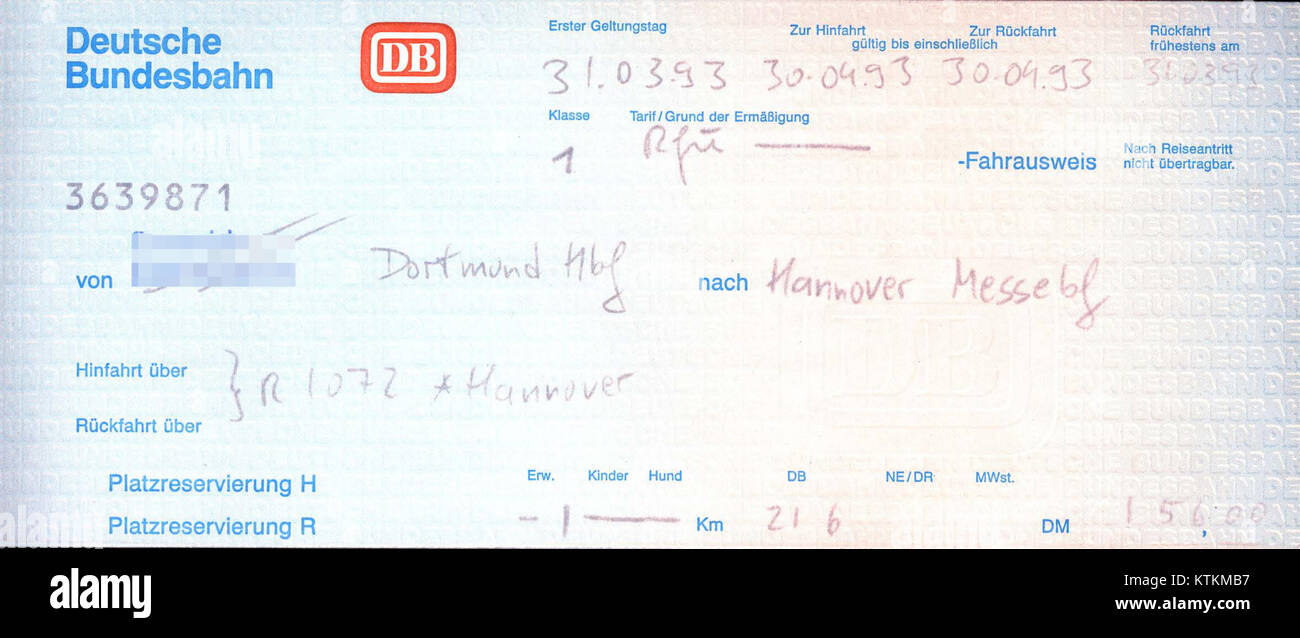 A handwritten ticket from Deutsche Bundesbahn, issued in 1993. This ...