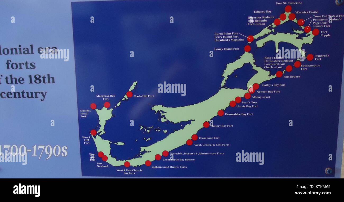 Map of fort locations in Bermuda (UK), featuring detailed positions of ...