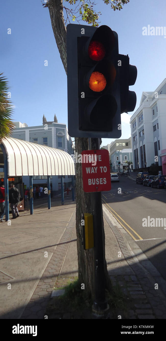 This image captures a traffic light in Bermuda before turning green ...