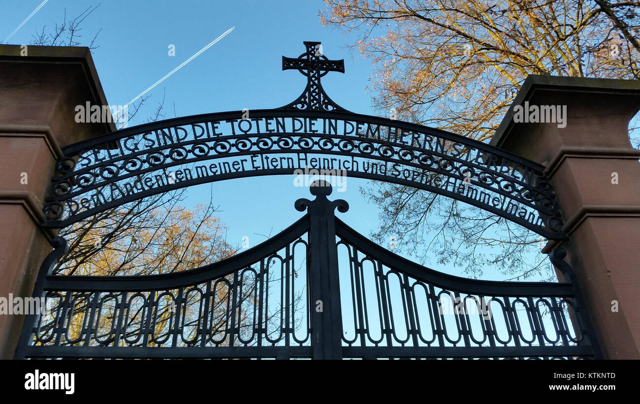A photograph of the entrance gate to the Evangelischer Friedhof ...