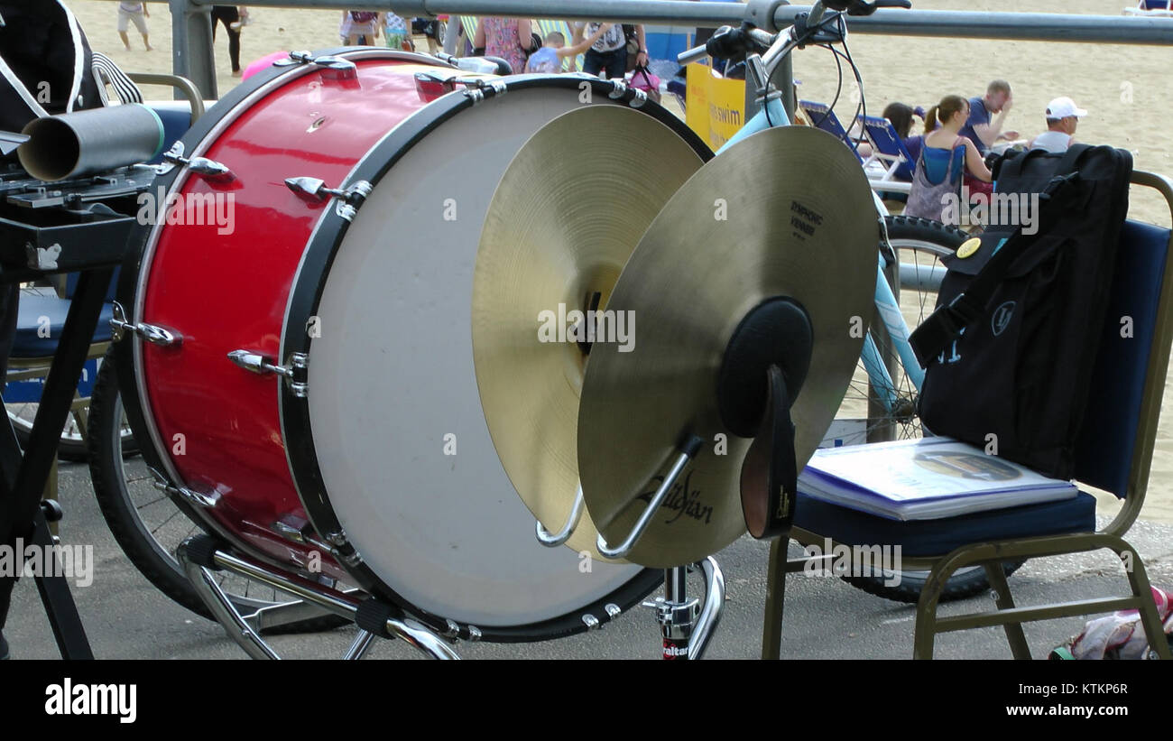 A set of bass drum and cymbals used by percussionist Alex Borland ...