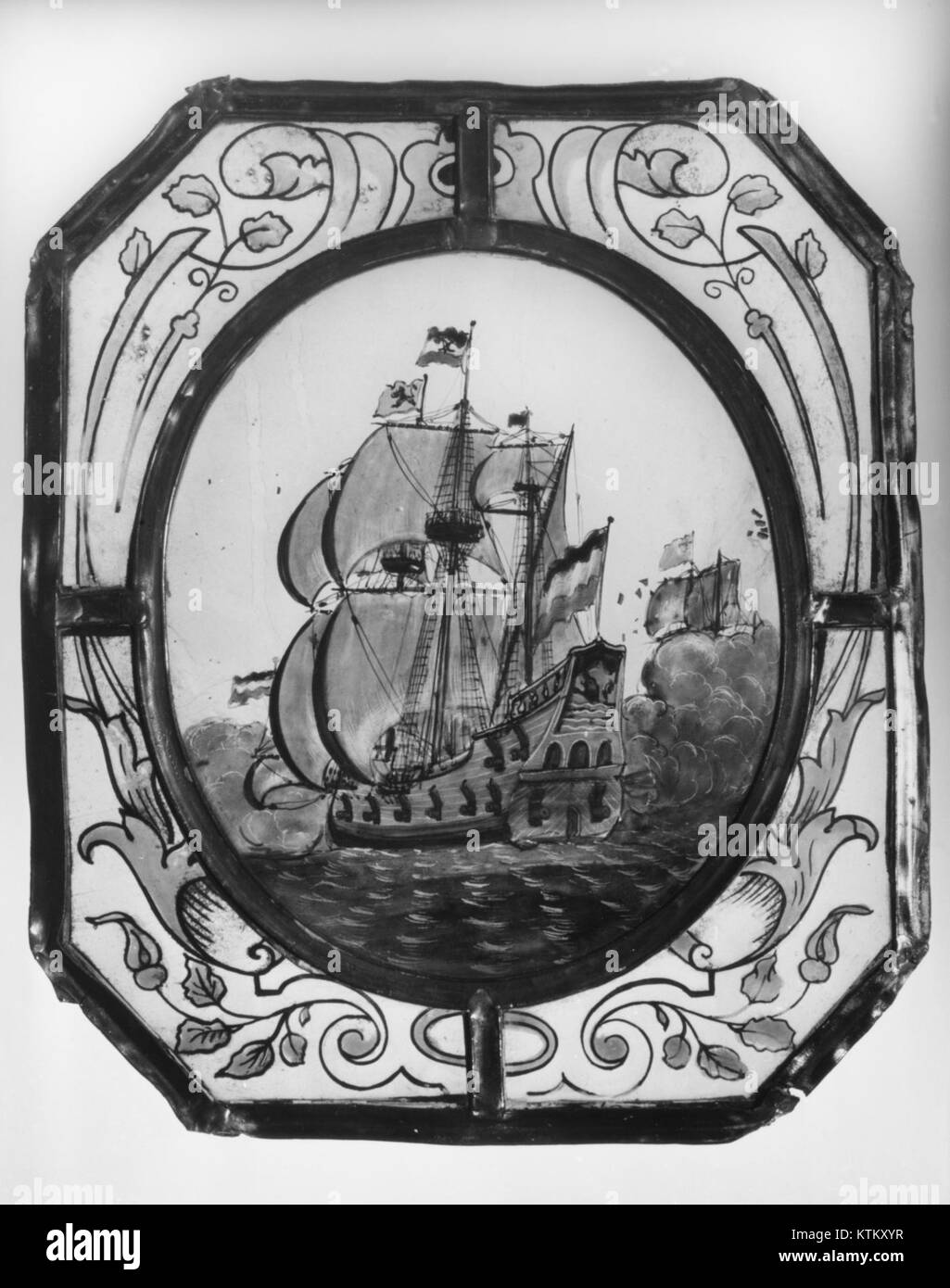 This artwork, titled 'Battle with Two Warships,' depicts a naval ...