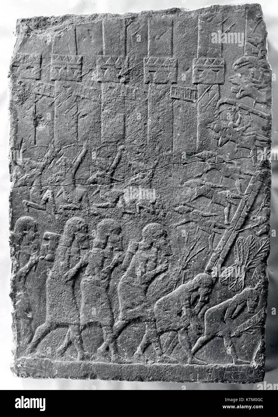 This historical artwork depicts an Assyrian battle scene, showcasing ...