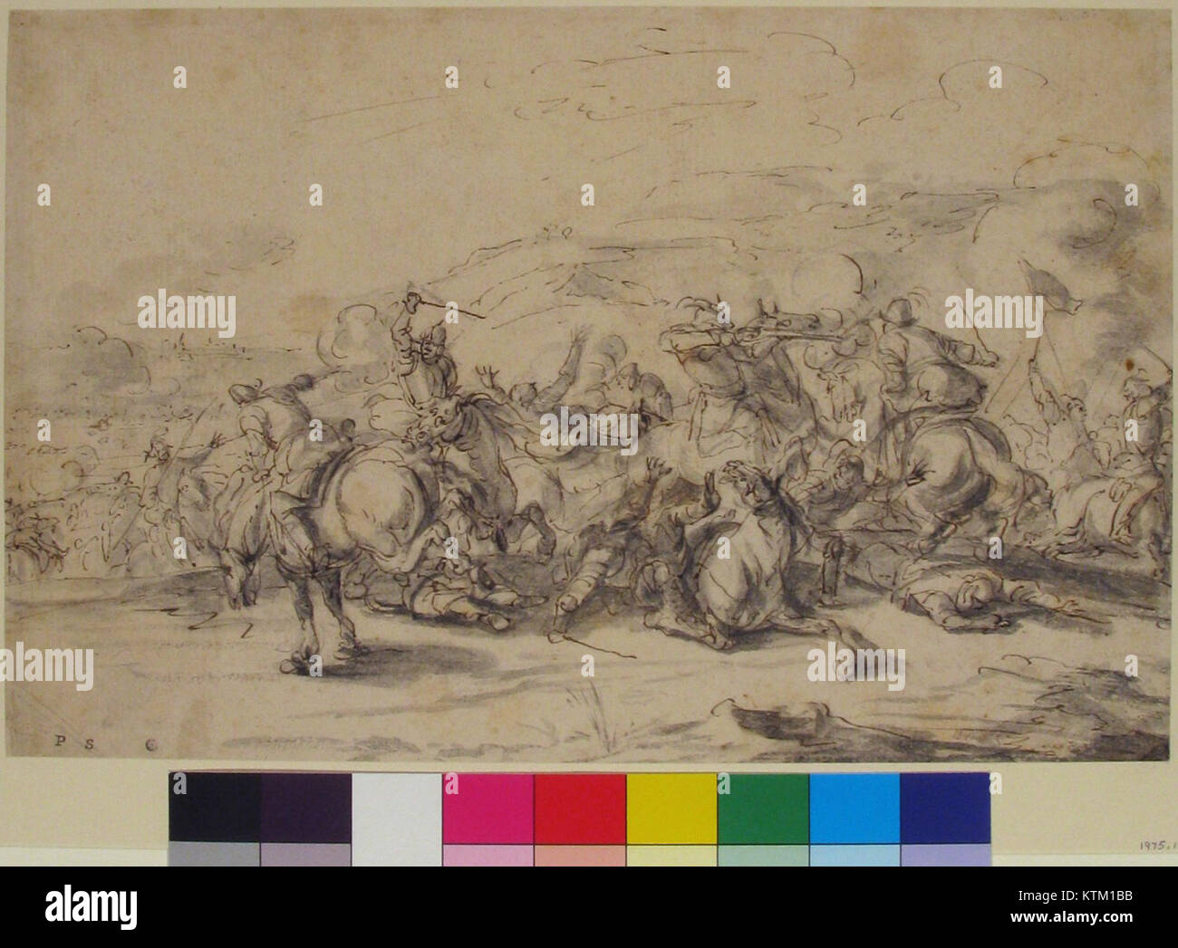 This artwork, titled 'Battle Scene: A Cavalry Engagement', depicts a ...