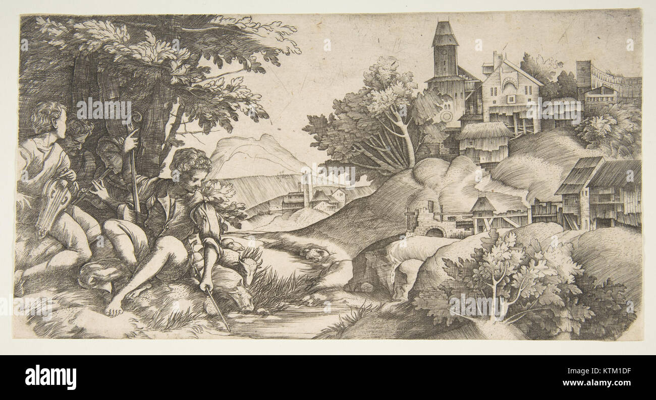 This artwork features four shepherds seated under trees, playing ...