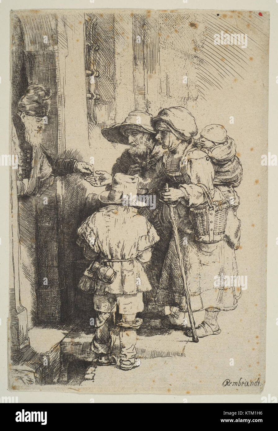 This artwork, 'Beggars Receiving Alms at the Door of a House,' captures ...