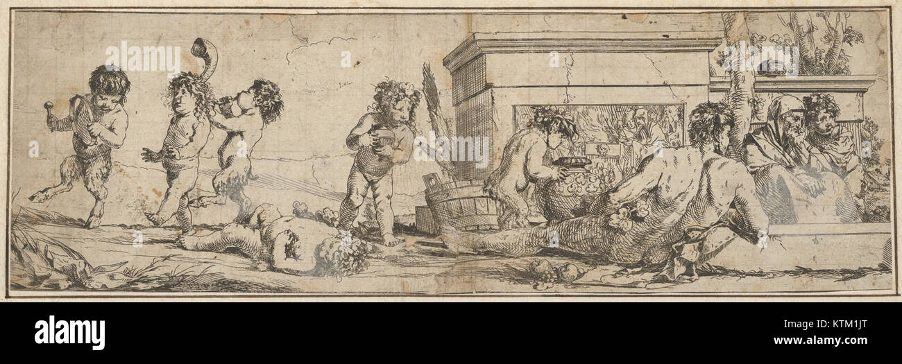 This artwork depicts a Bacchanal scene with satyrs and putti ...