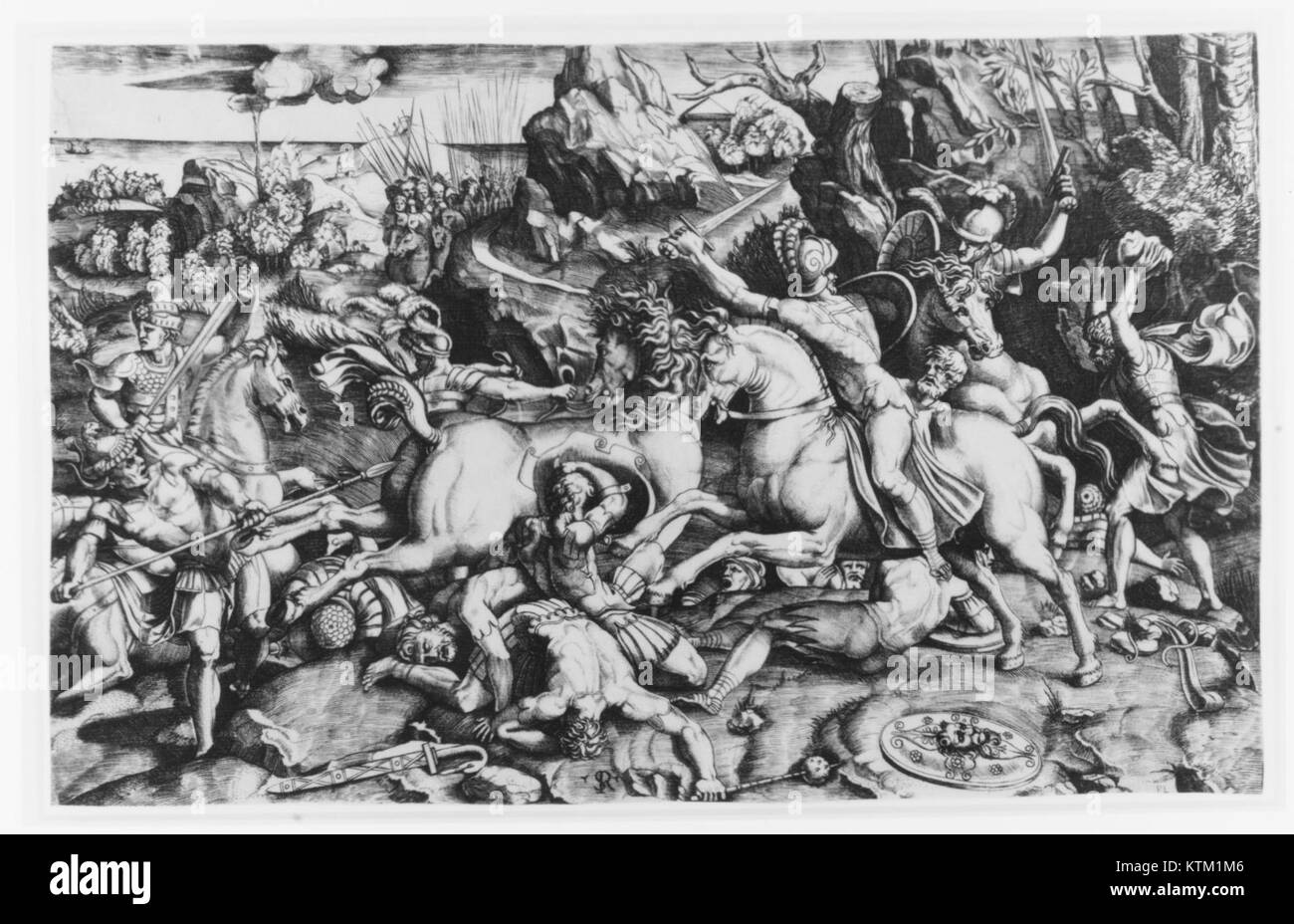 This painting depicts a battle scene set in a vast landscape. Soldiers ...