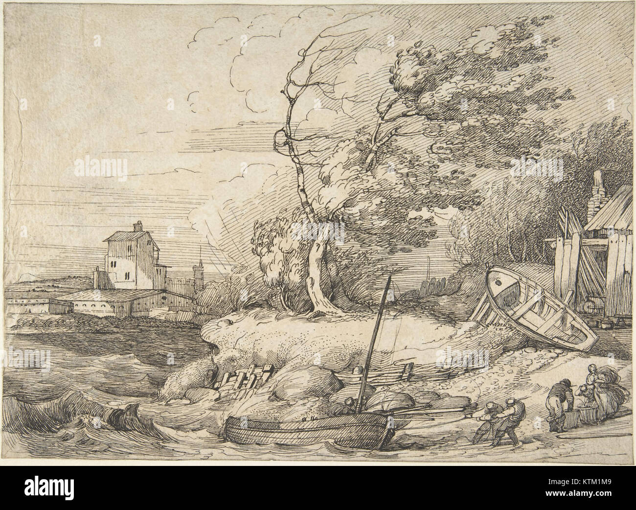 This image depicts a fishing boat being beached during a gale ...