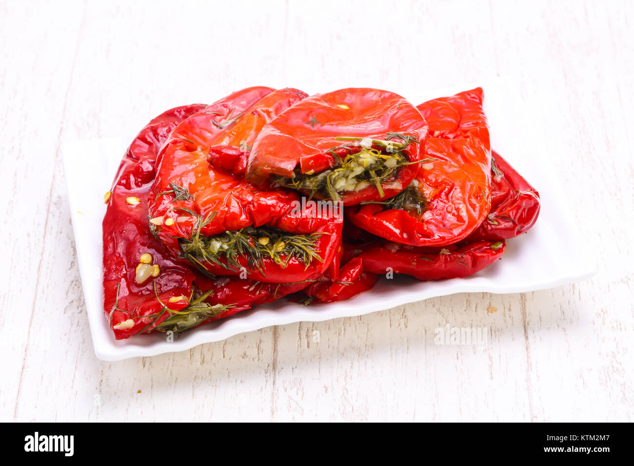 Pickled red bell pepper with dill Stock Photo - Alamy