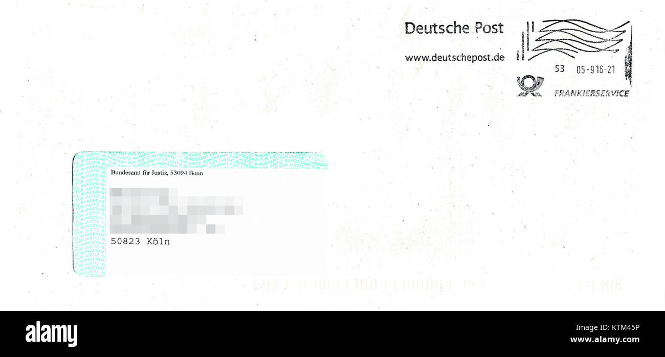 This image shows an envelope from Deutsche Post, featuring its franked ...