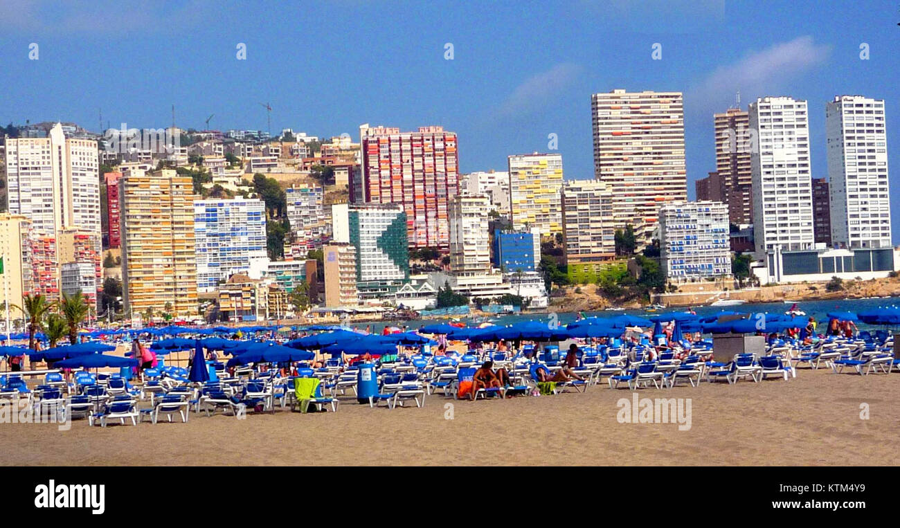 Playa de Levante in Benidorm, Spain, is a popular beach known for its ...
