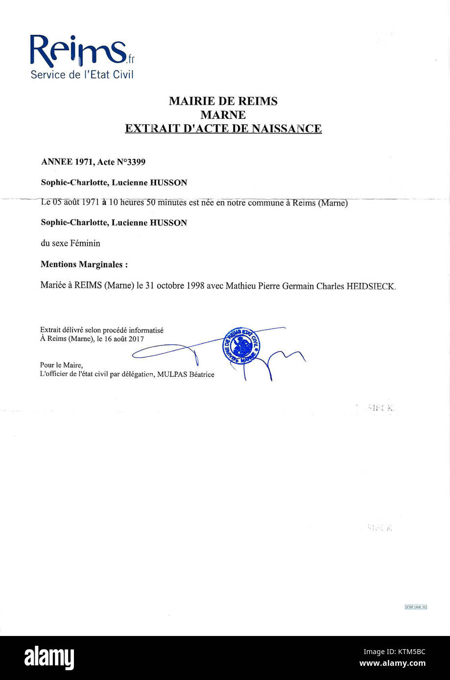 This is the birth extract of Sophie Charlotte Husson, a historical ...