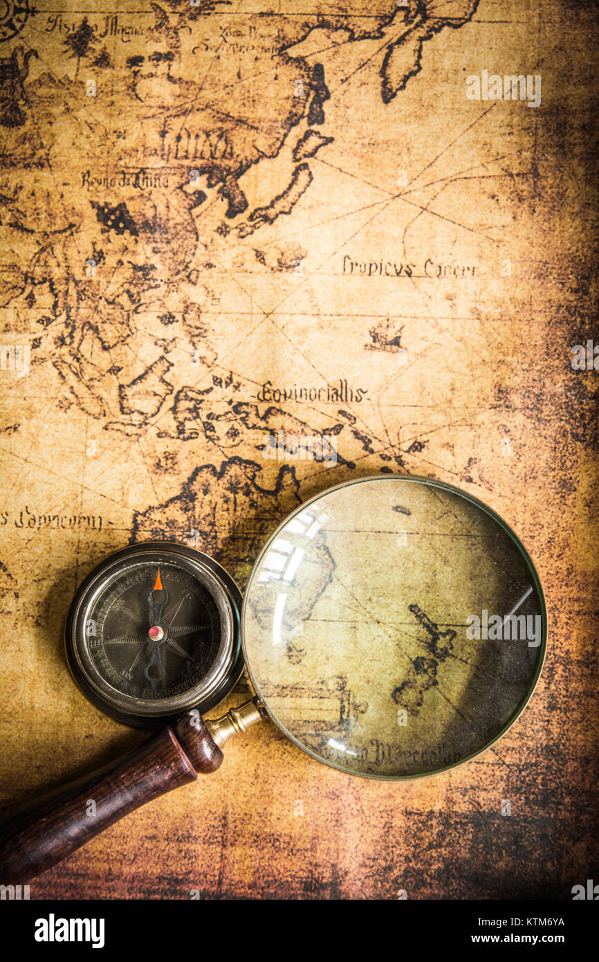 old map with compass and Magnifier Stock Photo - Alamy