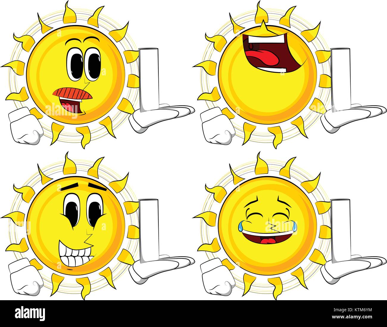 Cartoon sun holding white tall box. Collection with happy faces ...