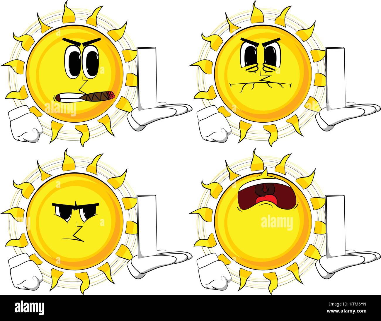 Cartoon sun holding white tall box. Collection with sad faces ...