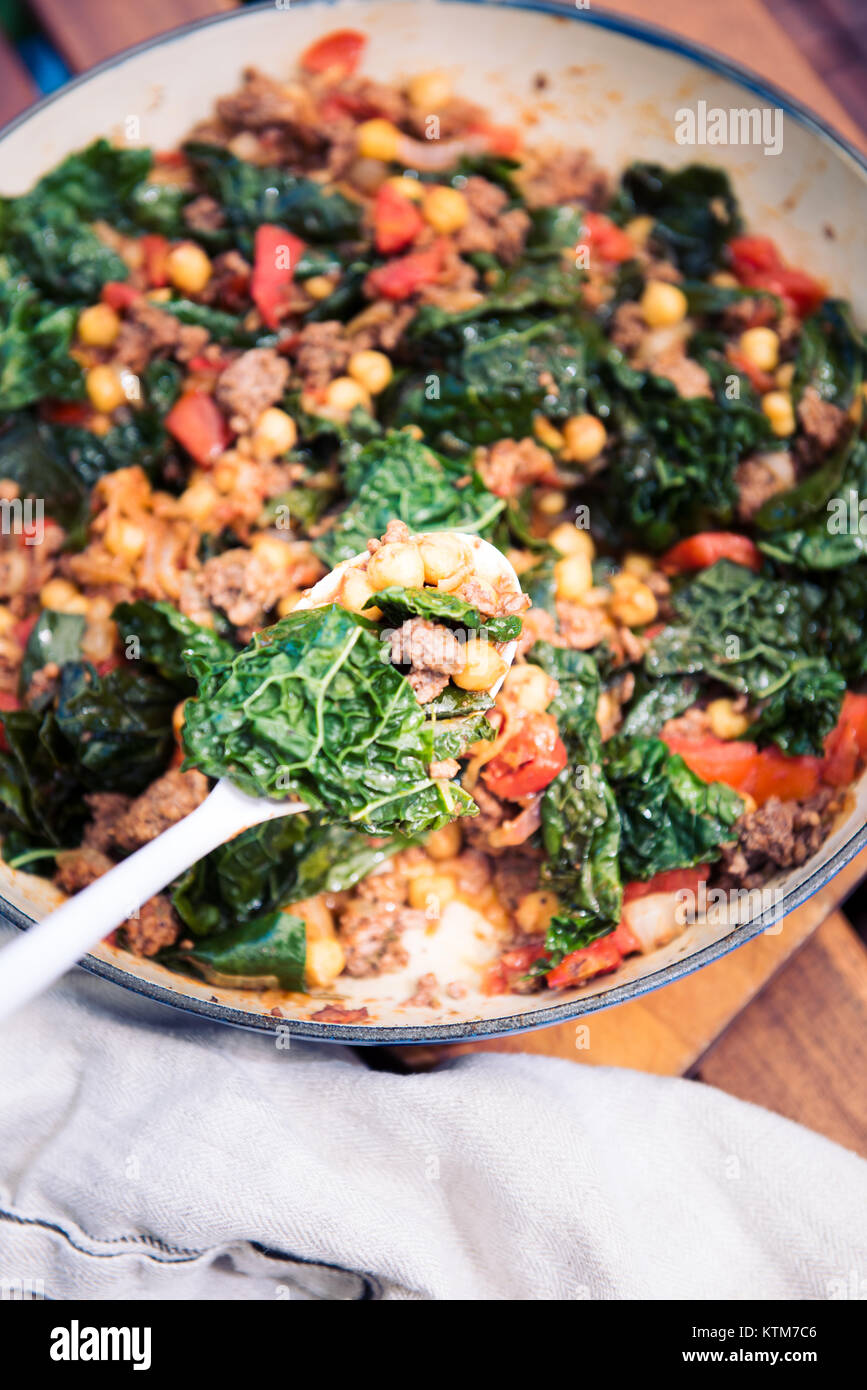 Kale Sauteed with Ground Beef and Garbanzo Beans Stock Photo - Alamy