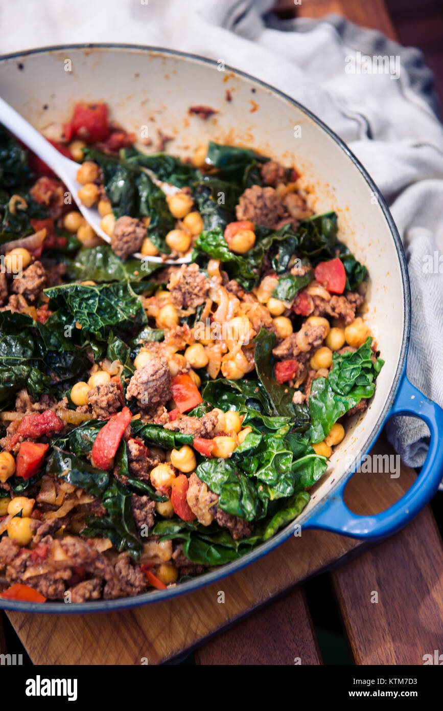 Kale Sauteed with Ground Beef and Garbanzo Beans Stock Photo - Alamy