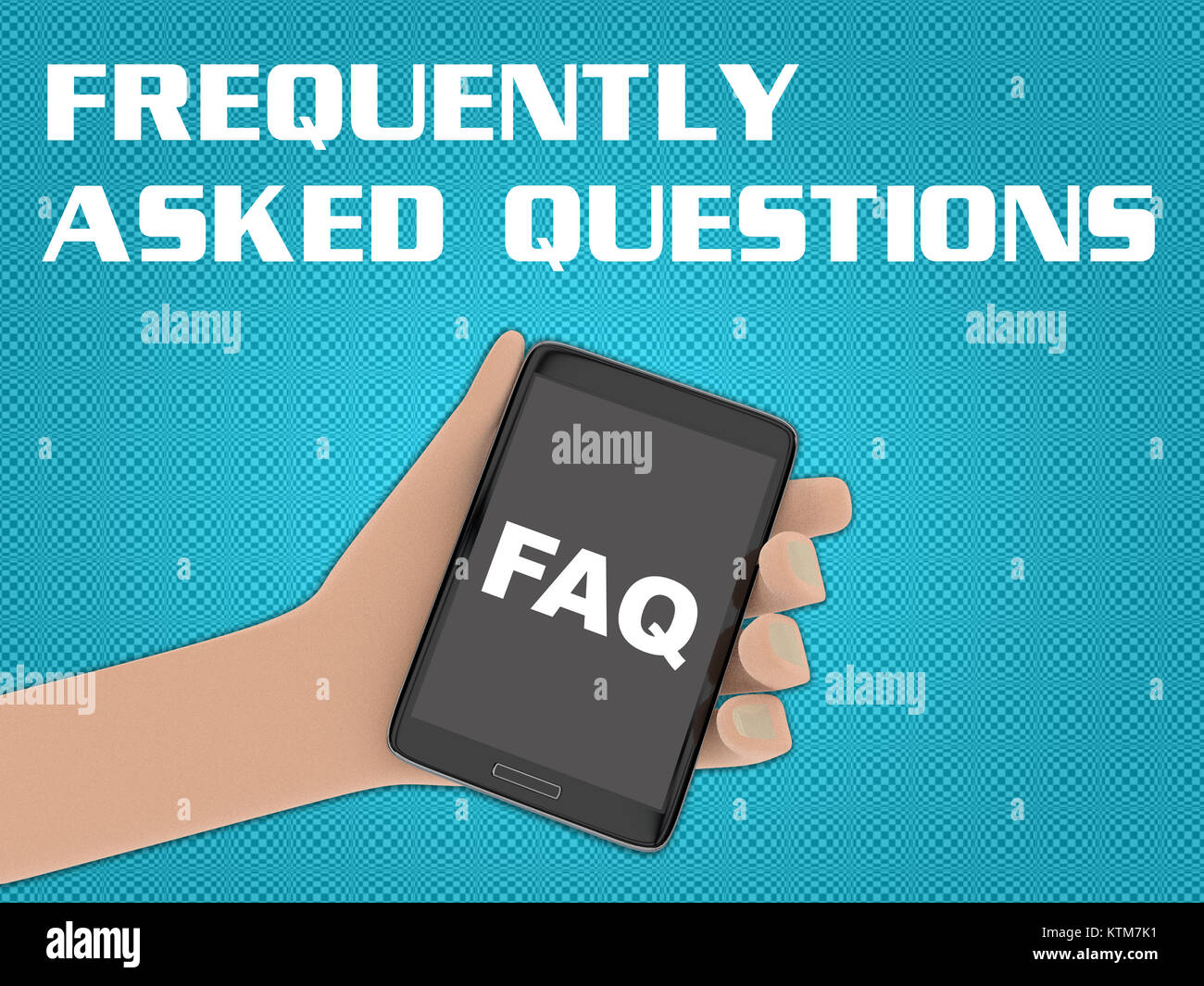 3D illustration of FAQ script on the screen of a cellulr phone held by ...
