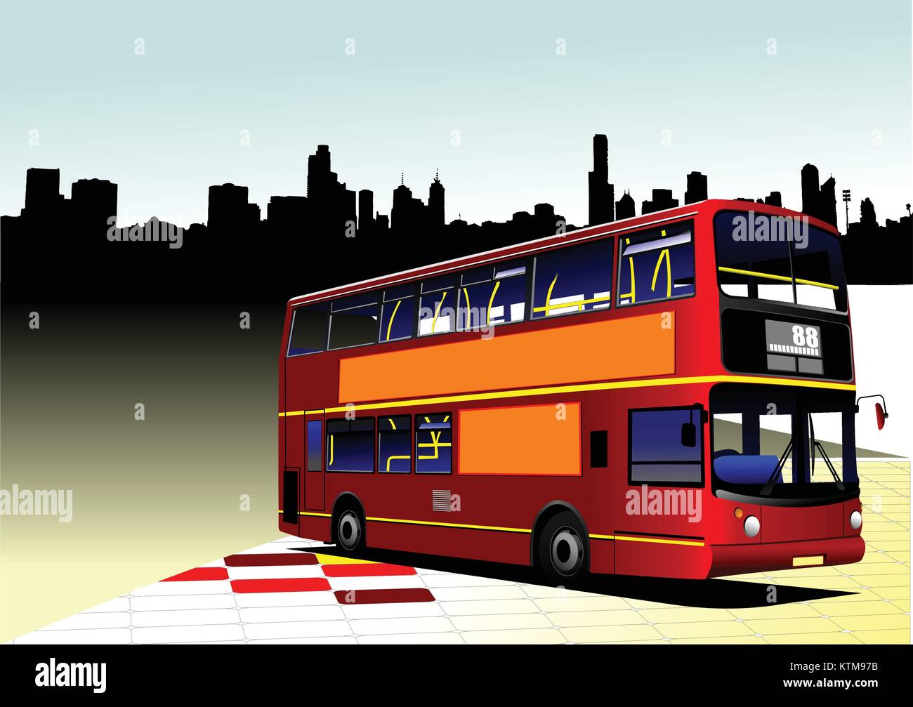 Red city bus on city panorama background. Coach. Vector illustration ...